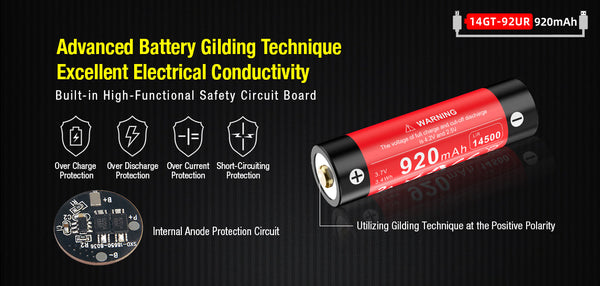14GT92UR 14500 920mAh protected lithium ion high drain 3A battery with ...